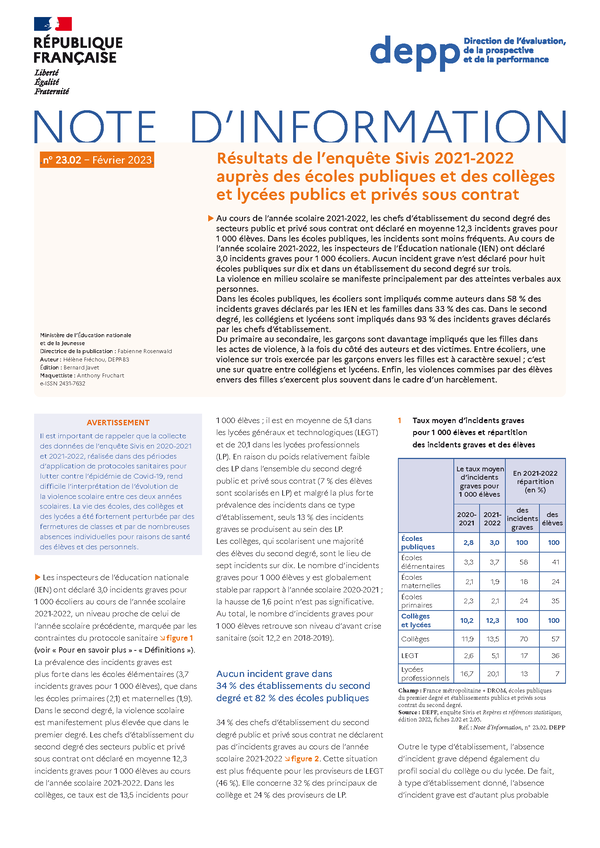 Résultats de l’enquête Sivis 2021-2022 auprès des écoles publiques et des collèges et lycées ...