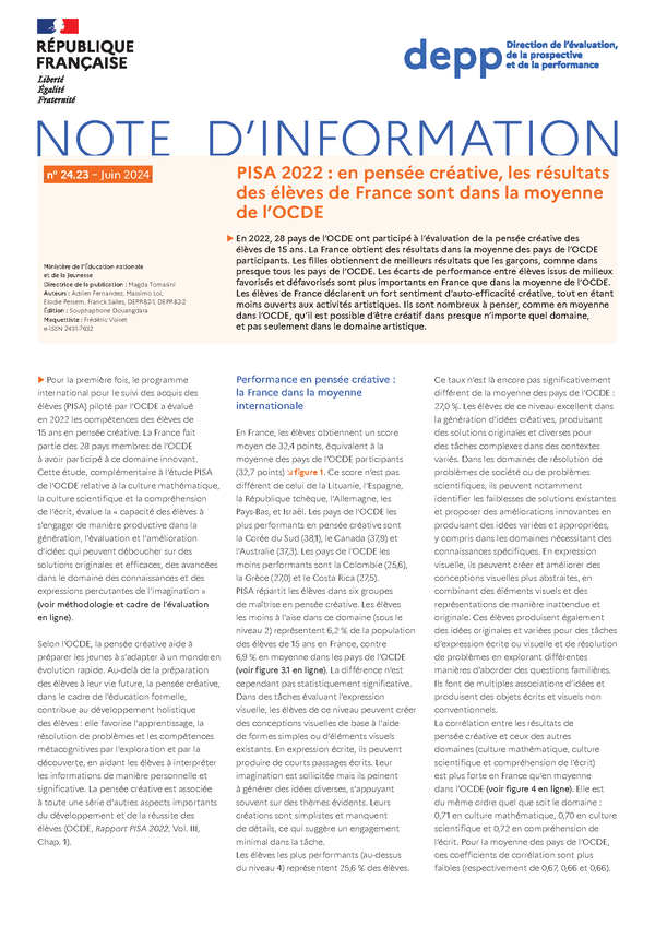PISA 2022 : en pensée créative, les résultats des élèves de France sont dans la moyenne de l ...